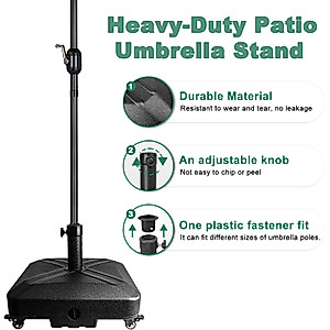 RAOKUKH DZ4733 MS Patio Umbrella Base Heavy Duty with Wheels Square Market Stand for Outdoor 4 Locks 1 Knobs 125lb Capacity, Black