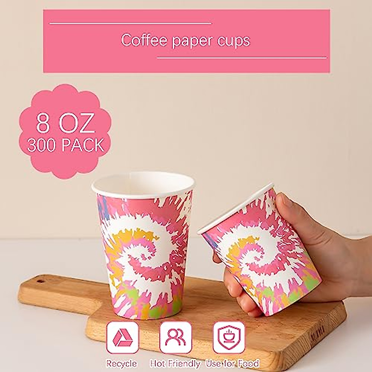 Clawsoff [300 Pack 8 oz Disposable Paper Cups, Hot/Cold Beverage Paper Drinking Cups, Paper Coffee Cups, Tie-dye Paper Hot Coffee Cups for Party, Picnic, Travel, and Events.