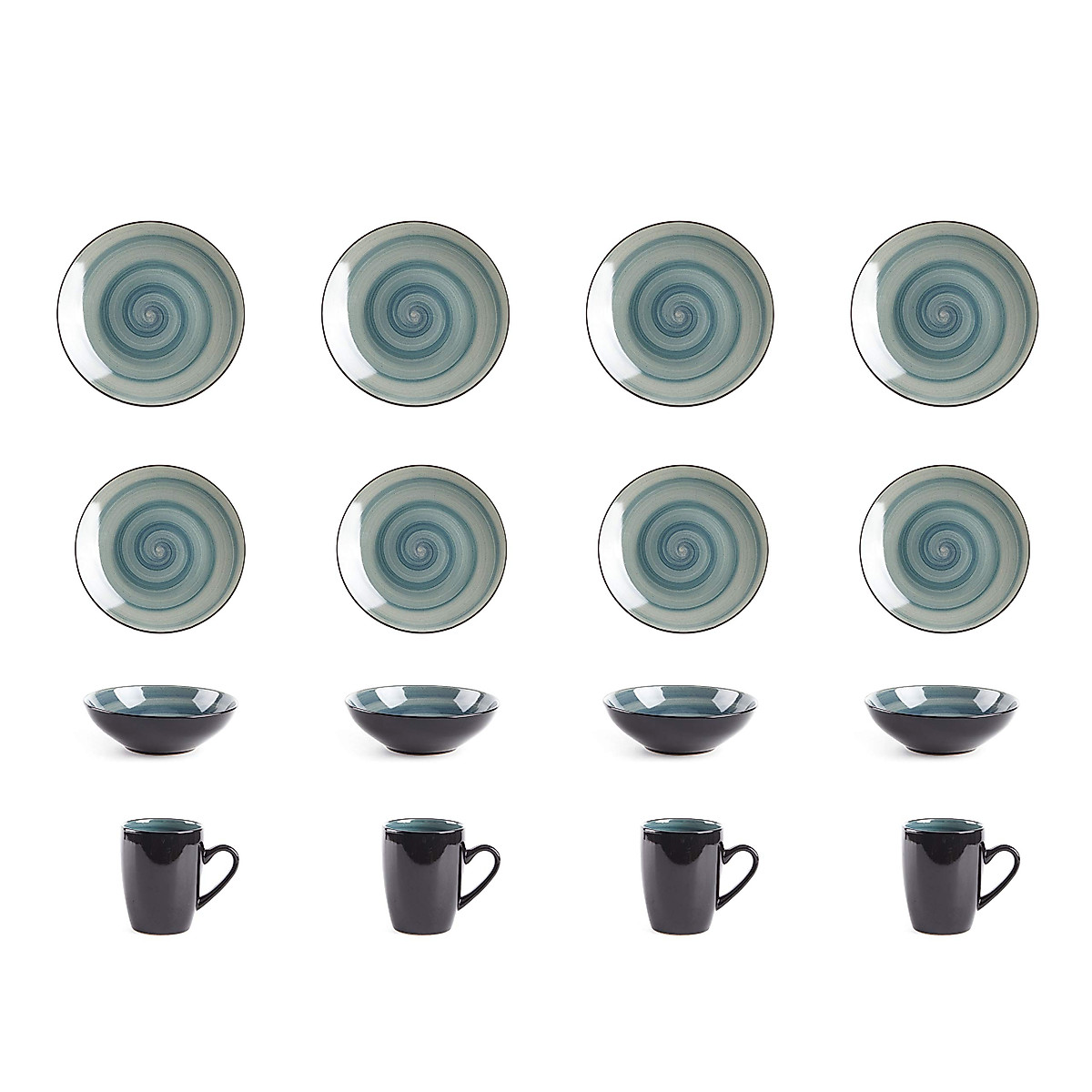 HomeVss, Stoneware Sonoma 16pc Dinnerware Set, Black + Speckled Spin Wash Blue