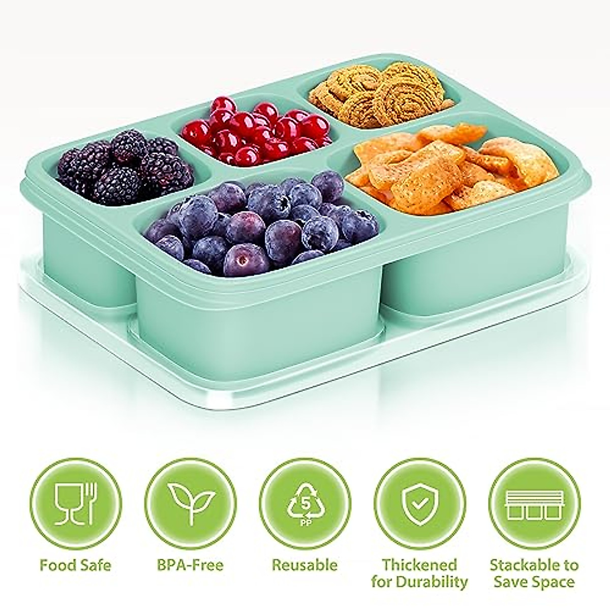 Mosville® Bento Snack Containers, 4 Pack Lunchable Container with 5 Compartments for Adults On-the-Go Meals [Portion Control], Reusable Bento Lunch Box BPA-Free