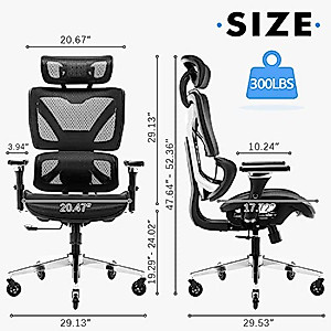 Multifunctional Big and Tall Mesh Office Chair - Adjustable Backrest Height, 4D Arms, Lumbar Support, Headrest and Tilt Angle - Metal Base Quiet Rubber Wheels Ergonomic High Back Computer Desk Chair