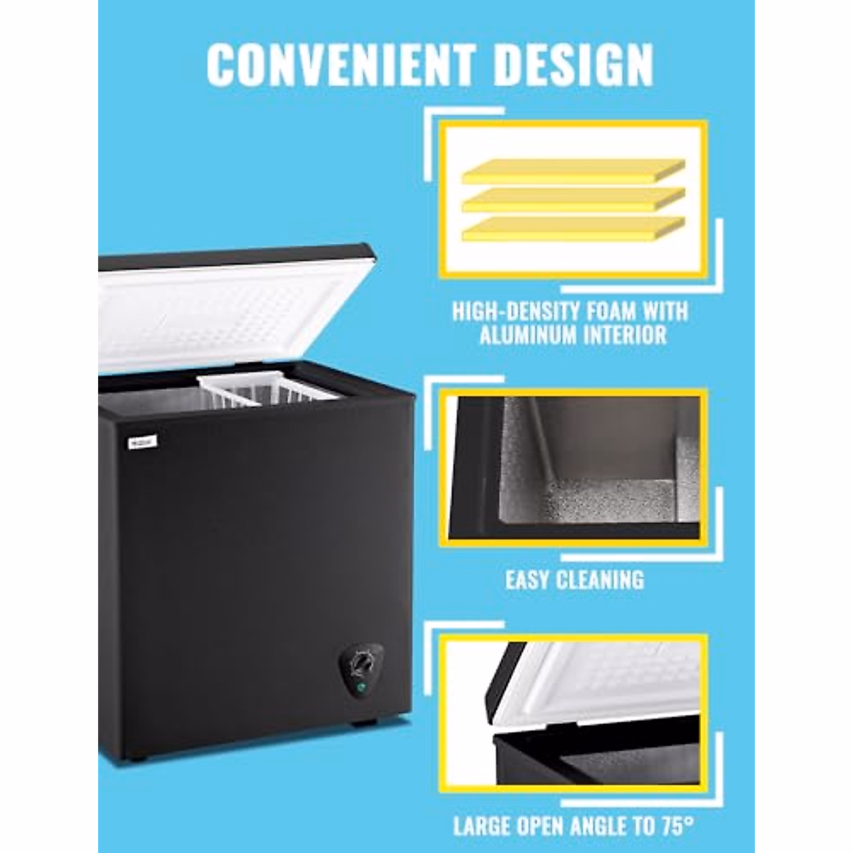 Chest Freezer 5.0 Cubic Feet Small Black Deep Freezers WANAI Mini Compact Home Machine 7 Thermostat Removable Basket Garage Dorm Apartment Kitchen Business