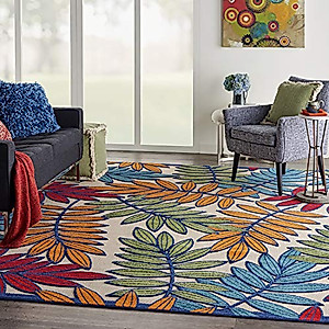 Nourison Aloha Indoor/Outdoor Multicolor 7'10" x 10'6" Area Rug, Tropical, Botanical, Easy-Cleaning, Non-Shedding, Bed Room, Kitchen, Living Room, Deck, Backyard, (8' x 11')