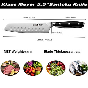 Klaus Meyer Stahl High Carbon Exclusive German Steel 5.5 inch Kitchen Chef Knife Ultra Sharp Santoku Knife, Japanese Chefs Knife (Black)