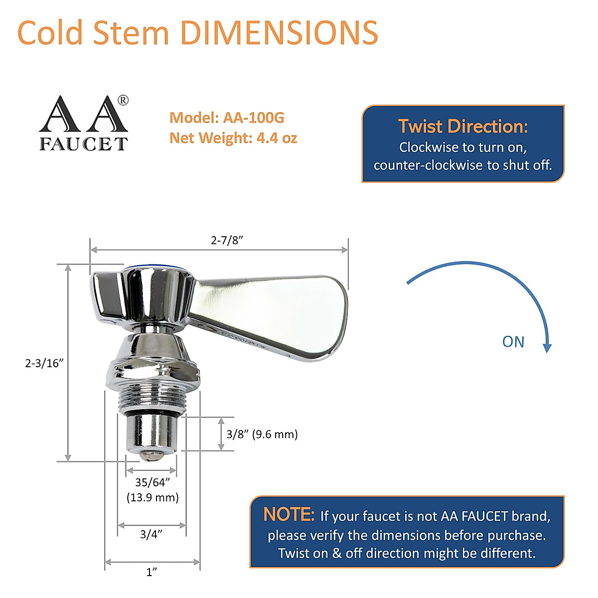 AA Faucet AA-100G Cold Replacement Stem Check with B-Handle