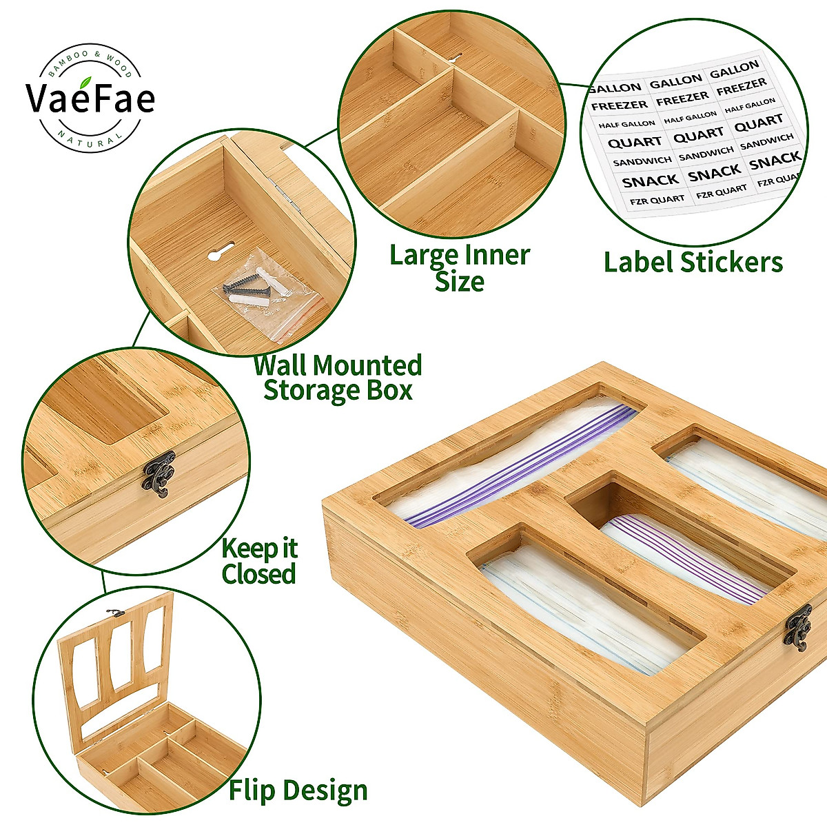 VaeFae Ziplock Bag Storage Organizer- Bamboo Food Bags Container for Kitchen Drawer Compatible for Gallon, Quart, Sandwich, Snack, and Slider Bag