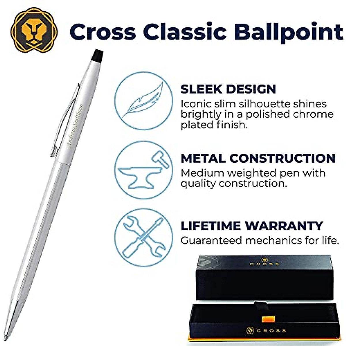 Dayspring Pens Personalized Cross Pen | Engraved Cross Classic Century Pen Lustrous Chrome Ballpoint Gift Pen, Custom Engraving Executive Gift Pen.
