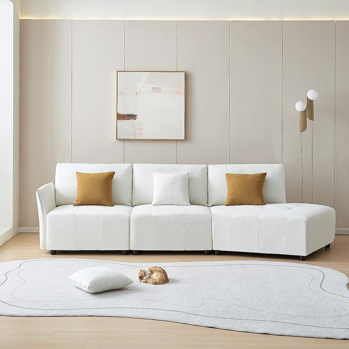 120'' Teddy Fabric Sofa, Modern Modular Sectional Couch, Button Tufted Seat Cushion for Living Room, Apartment & Office.(Beige)