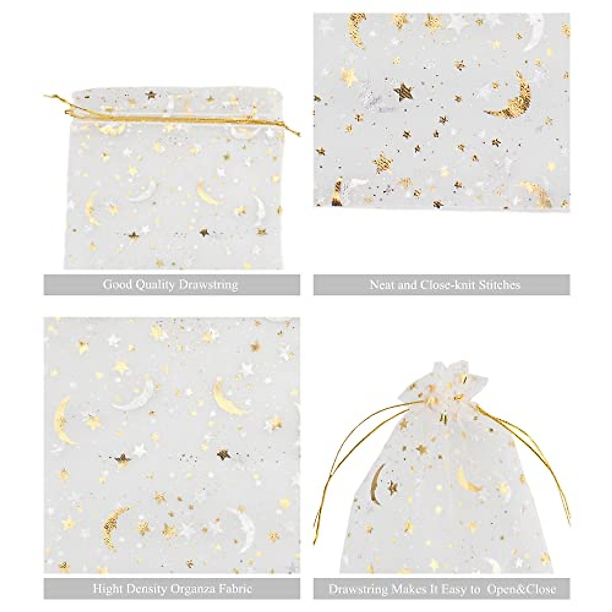 100 Moon Star Organza Jewelry Gift Pouch Candy Pouch Moon Drawstring Wedding Favor Bags XYUG (4x6 inch, white)