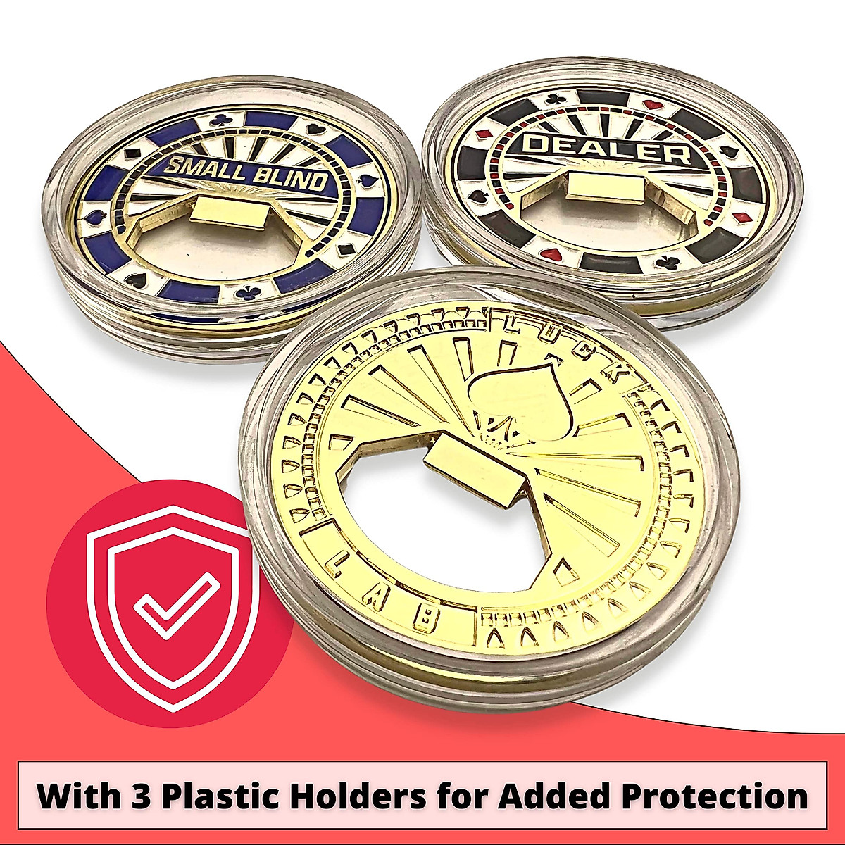 Luck Lab Set of 3 Metal Bottle Opener Poker Buttons - Dealer Button, Big Blind and Small Blind Metal Weights (Position Markers) for Texas Hold Em - 2 inch