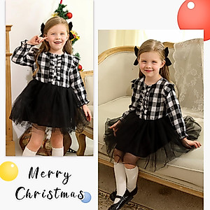YOUNGER TREE Toddler Kids Girls Clothes Christmas Dress Ruffle Red Plaid Black Mesh Skirt Outfits Overall Fall Winter (3-4T, Black White Plaid mesh Dress)