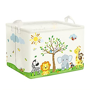 Clastyle Cube Jungle Safari Animals Nursery Storage Basket Forest Elephant Giraffe Tree Shelf Basket for Clothes Toys Books Rectangle Bedroom Playroom Monkey Lion Storage Bin, 36L