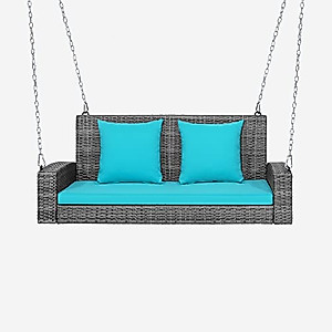 RELAX4LIFE 2-Person Porch Swing Bench - PE Rattan Outdoor Swing Chair with Comfortable Seat & Back Cushions, Rustproof Metal Chains, Patio Loveseat Swing for Balcony, Garden, Yard, 800 LBS (Turquoise)