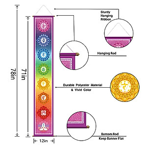Funnytree 12"x71" Large Yoga Tapestry Meditation Studio Room 7 Chakra Mandala Hanging Banner Wall Poster Door Decor Porch Sign Indoor Outdoor Durable Fabric