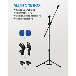 Moukey Microphone Stand, Tripod Boom Mic Stand with 2 Non-Slip Mic Clip Holders & 2 Foam Covers, Collapsible Adjustable Mic Stand for Singing, Karaoke, Stage and Outdoor Activities, Black, MMs-3