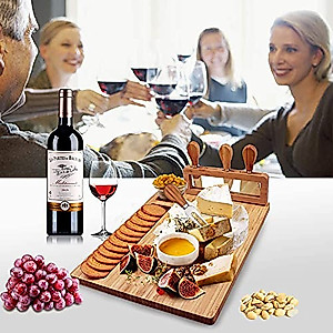 Bamboo Cheese Board Set, Cheese Tray, Charcuterie Board and Serving Meat Platter with 4 Stainless Steel Cheese Knives, Ideal for Wedding Gifts Christmas Birthday Party (14''x11'')