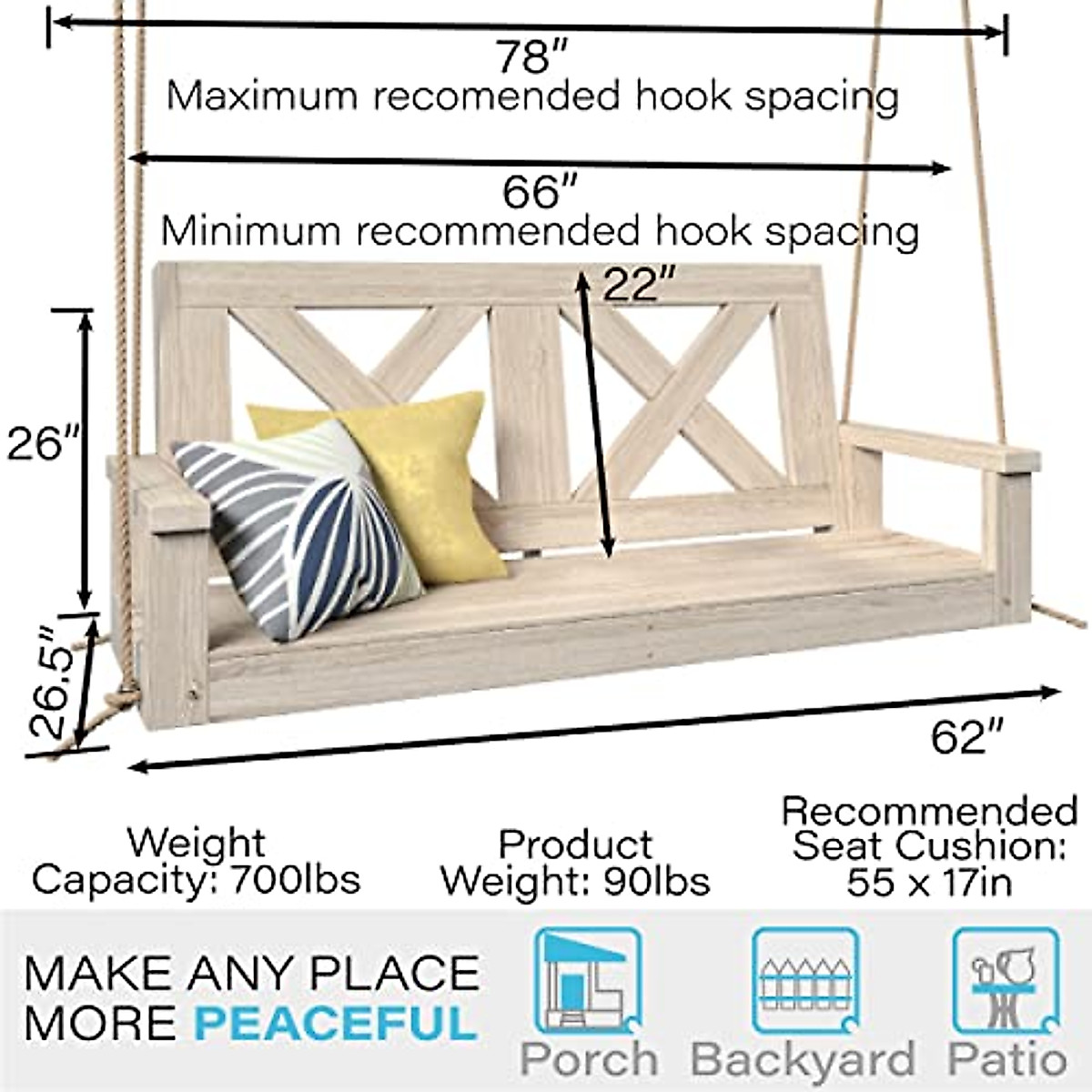 Porchgate Amish Heavy Duty 700 Lb Farmhouse Porch Swing W/ Ropes (5 Foot, Unfinished)