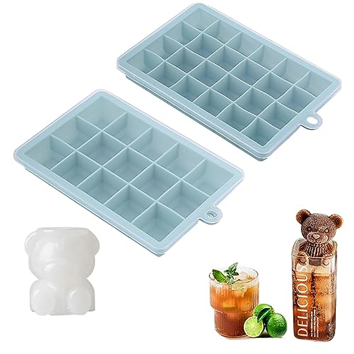 Ice Cube Trays 2 Pack, with Bear Ice Cube Mold and Removable Lid, Silicone Ice Cube Mold Easy-Release Flexible 15-cube Ice Trays and 24-cube Ice Trays for Whiskey, Cocktails
