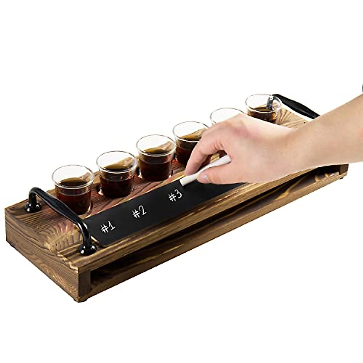 MyGift Tequila Shot Glasses Liquor Flight Tasting Set Includes Burnt Wood Serving Tray with Chalkboard Panel and Metal Handles and 6 Clear Shot Glasses
