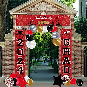 Party Spot！2024 Graduation Party Decorations, 125 PCS Graduation Decorations Class of 2024, Graduation Banner, Tablecloth, Balloons, Cake Toppers, Red and Gold Graduation Party Decorations