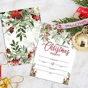 JarThenaAMCS 25 Pack Christmas Party Invitations Watercolor Pine Cone Green Leaves Invitaion Paper Cards with Envelopes Sticker Xmas Invites for Bridal Shower Baby Shower Rehearsal Dinner Party