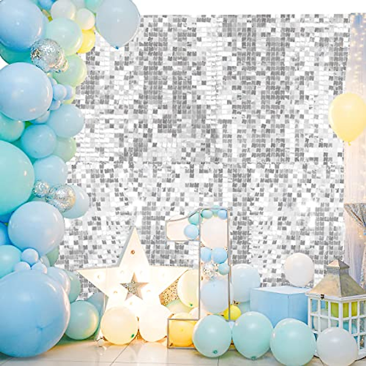 Ayfjovs 36 PCS Silver Shimmer Wall Backdrop Panels, Square Sequin Wall Backdrop Shimmer Photo Backdrops for Birthday Decoration, Graduation, Wedding, Anniversary Party Supplies