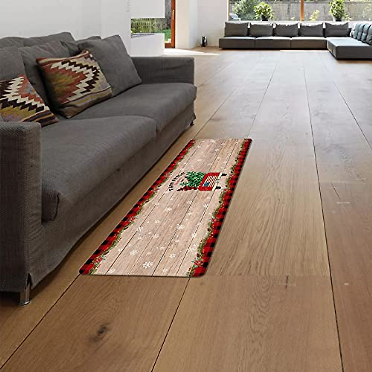 Kitchen Mat Rug Set of 2 Christmas Red Truck Xmas Tree Wood Grain Black Plaid Runner Rug Anti-Fatigue Comfort Memory Foam Standing Mat Non-Slip Floor Door Mat for Bathroom Bedroom 20x32in+20x63in