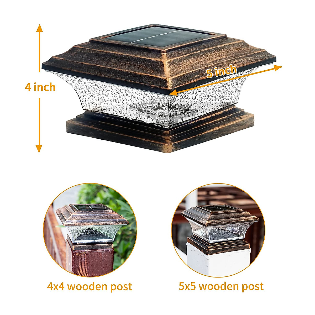 HUYIENO Solar Post Cap Lights Outdoor LED Lighting Deck Fence Two Modes Warm White/7 RGB Color Changing Suitable for 4x4 5x5 Wooden Brushed Copper 6pk.