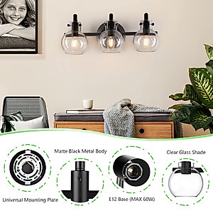 FOLKSMATE Bathroom Vanity Light Fixtures, Modern 3 Lights Wall Sconce Lighting Matte Black, Wall Lamp Wall Mount Light Fixture with Globe Glass Shade