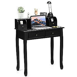GOFLAME Writing Desk, Large Storage Space with 4 Drawers, Secretary Table Computer Desk Writing Table with Detachable Tabletop Organizer, Suit for Home and Office Use (Black)