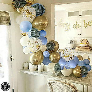 Sweet Baby Co. Boy Baby Shower Blue Balloon Garland Arch Kit for Boy with Greenery Leaves Decorations, Boy Oh Boy Banner, Confetti, Metallic Gold, White, Baby Blue Balloons | Elephant Party Decoration