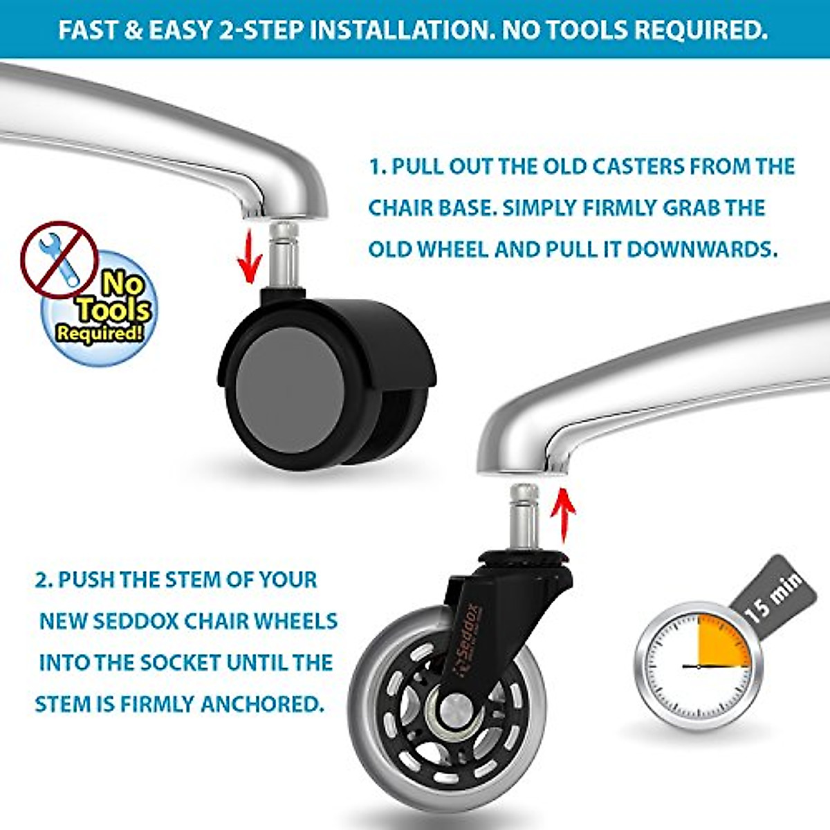 Professional Office Chair Caster Wheels Gift Set of 5 - Protect All Your Floors - 3'' Heavy Duty Replacement Rubber Chair Casters - Best Protection for Your Hardwood Floors