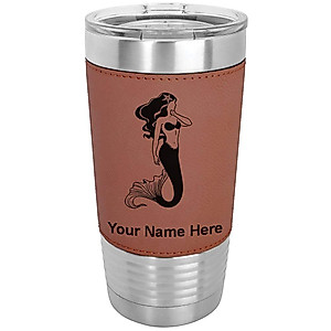 LaserGram 20oz Vacuum Insulated Tumbler Mug, Mermaid, Personalized Engraving Included (Faux Leather, Dark Brown)