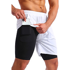 Pudolla Men’s 2 in 1 Running Shorts 7" Quick Dry Gym Athletic Workout Shorts for Men with Phone Pockets(White Medium)
