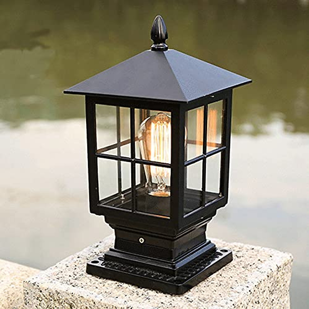 CZLZY European Style E27 Pillar Lamp Outdoor Courtyard Fence Post Light Waterproof IP54 Glass Lampshade Garden Lawn Decoration Column Light Base Landscape Light Pillar Pole Lamp
