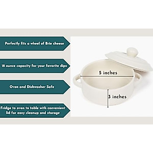 Stoneware Brie Cheese Baking Dish and Warmer with Lid - Oven Safe - Great for Charcuterie Board and Grazing Table Accessories - Perfect for Camembert, Baked Brie, Fondue, Dip - Oven Safe Ceramic Crock