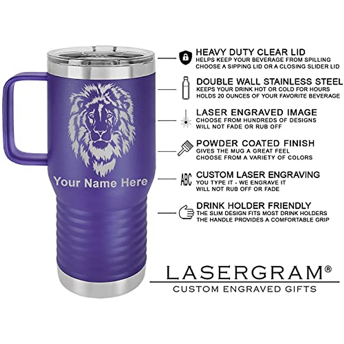 LaserGram 20oz Vacuum Insulated Travel Mug with Handle, Horse Head 1, Personalized Engraving Included (Dark Purple)