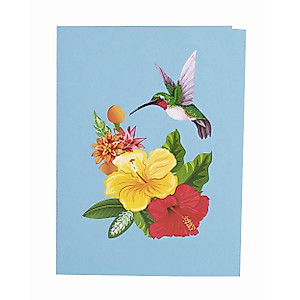 iGifts And Cards Inspirational Hummingbird with Yellow and Red Hibiscus 3D Pop Up Greeting Card - Colorful Flowers, Ideal for Mother's Day, Birthday, Anniversary, Get Well, Thank You, Bird Lovers 6x8