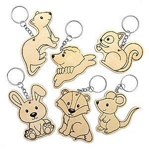 Baker Ross AX182 Woodland Animal Wooden Keyrings - Pack of 10, Color in Woodcraft Kits for Kids Arts and Crafting Activities