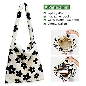 Fluffy Furry Tote Bag Large Fuzzy Bag Cute Y2K Plush Bag with Zipper Fashion Women Girl Handbag Faux Fur Shoulder Purse for Autumn and Winter