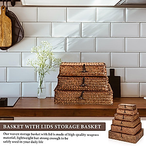 Beeveer 6 Pcs Seagrass Storage Baskets with Lid Large Wicker Decorative Storage Baskets Stackable Boxes Woven Rectangular Rattan Storage Bins Shelf Baskets Organizer for Closet Bedroom, Coffee