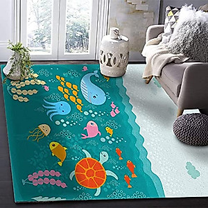 Sea World Collection Shark Kids Rugs, Octopus Turtle Sea-Plant Indoor Non-Slip Area Rugs, Machine Washable Breathable Durable Floor Carpet for Decor Living Room Bedroom Home Mat (5'W x 8'L)
