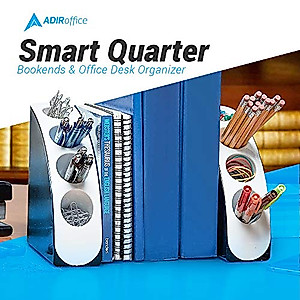 AdirOffice Smart Quarter Bookends & Office Desk Organizer - Heavy Duty Plastic w Non Skid Bottom - Includes Storage Wells to Keep Your Pens/Pencils in Place for Office/School/Library (Black and White)
