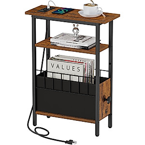 Snughome Narrow Side Table with Charging Station, Slim End Table for Small Spaces, 3 Tier Skinny Nightstand with Drawer, Sofa Beside Table with Storage Shelf for Living Room Bedroom