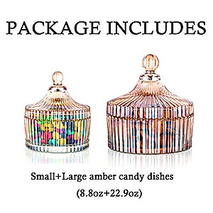 Glass Candy Dish with Lid European Style, Candy Jar Yurt, Glass Food Storage Organization Containers Bowls for Decorative Flour Cookie and Sugar, Amber, Small+Large