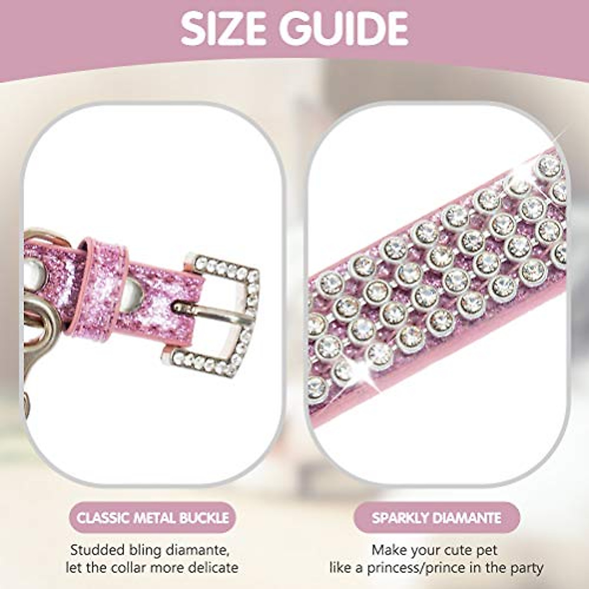 PUPTECK Basic Adjustable Cat Collar with Bling Diamante and Double Bells, for Kitten and Small Puppy, Fashion and Shining (XXS: Collar Adjustable: 6-8in, 0.3inch Width, Pink)