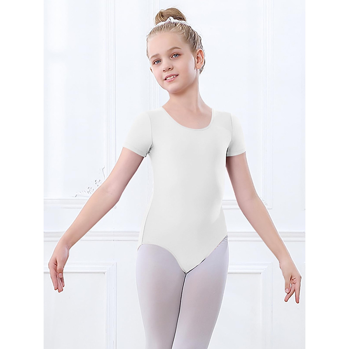 speerise Girls Toddler Leotard Short Sleeve Ballet leotards for Dance Gymnastics Bow Back 3-12 Years white