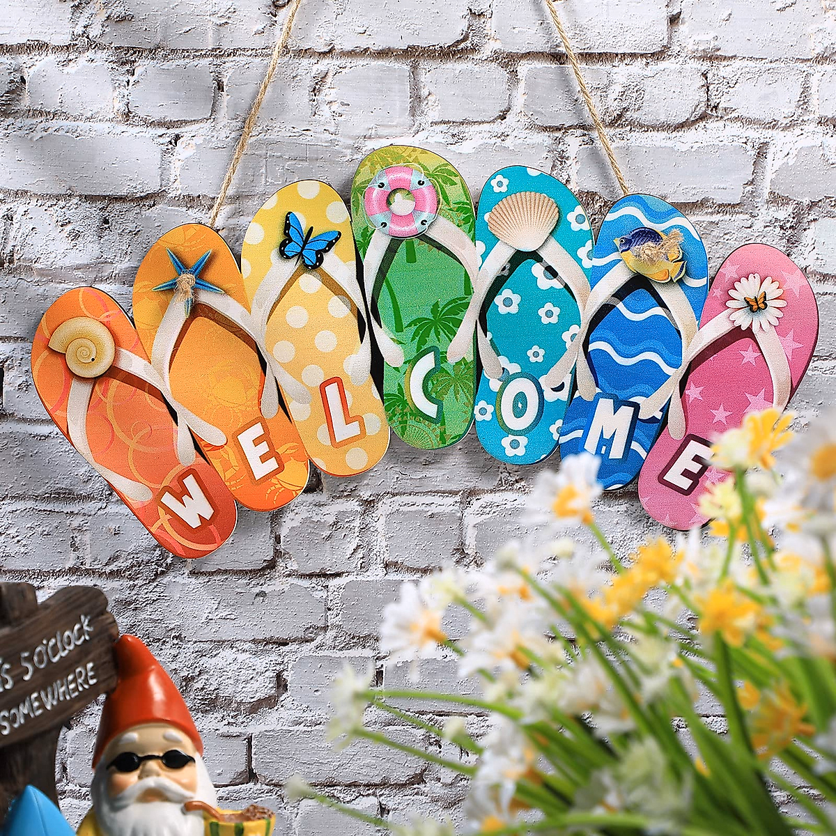 Summer Slippers Hanging Sign Shape Welcome Hello Flip Flop Wooden Door Plaque Rustic Wall Sign Yard Indoor Outdoor Garden Decoration with Rope (Welcome)