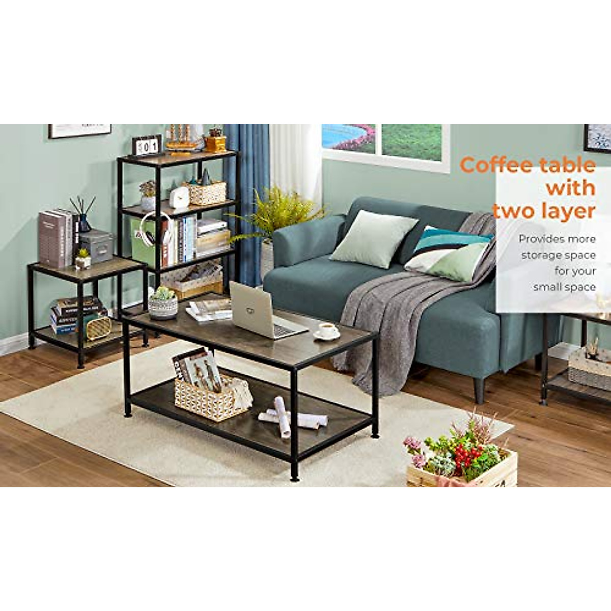 GreenForest Coffee Table Industrial with 2 Tier Storage Shelf for Living Room Modern Coffee Table 39.3 x 21.4 inch, Easy to Install, Rustic Walnut