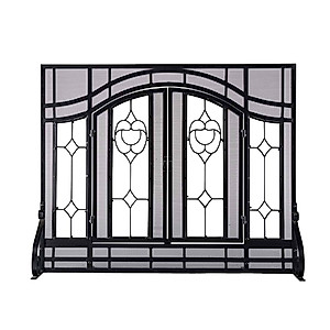 Plow & Hearth Metal Fireplace Screen Glass Floral Black | 44" W x 33" H | 2 - Door | Spark Guard Indoor Grate | Iron Fire Place Cover | Wood Burning Stove Decorative Accessories